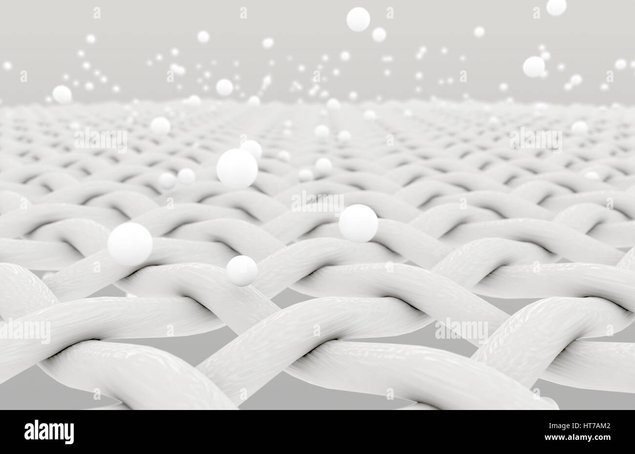 An extreme magnification of white individual fabric threads being ...