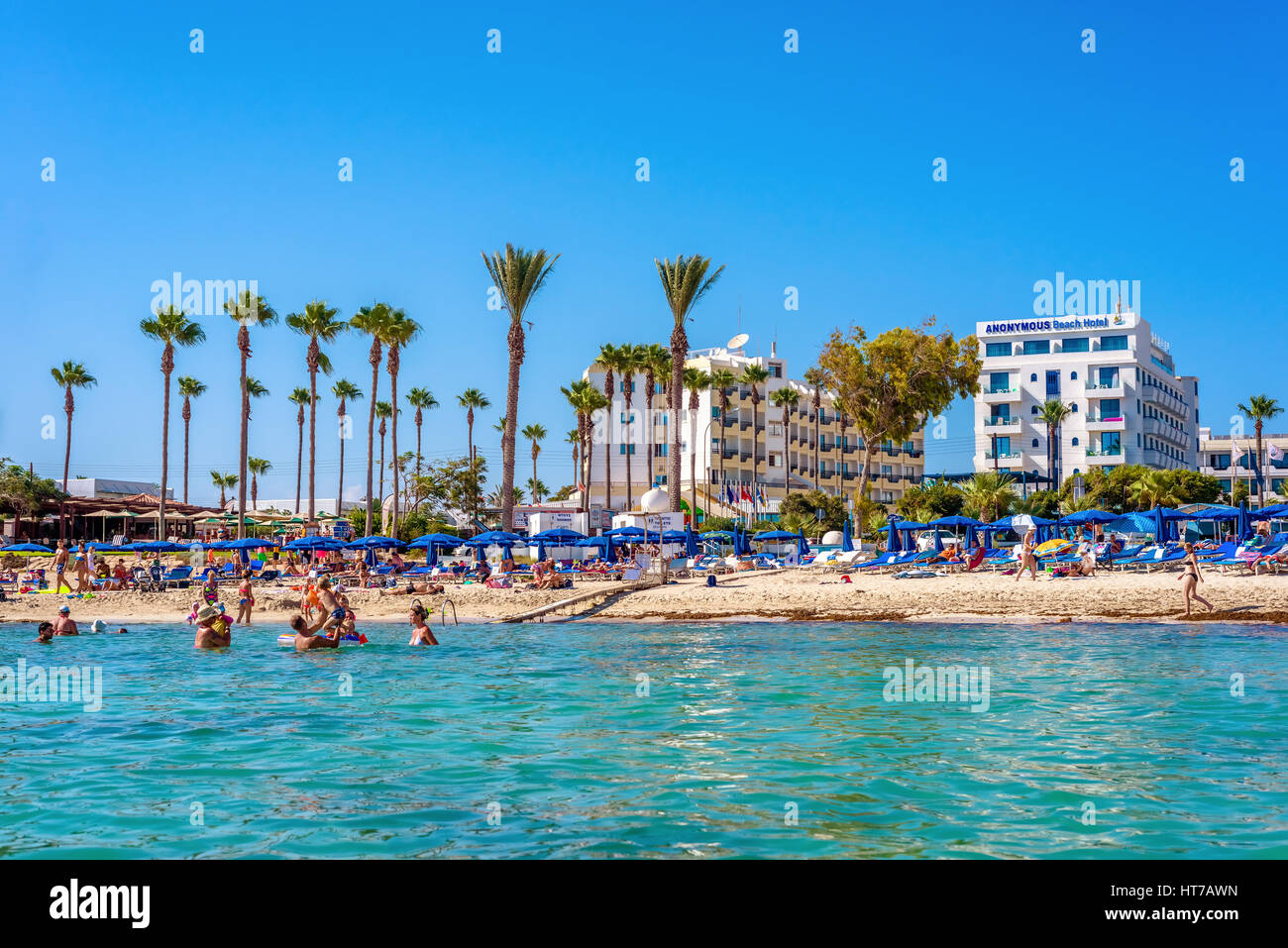 AYIA NAPA, CYPRUS - AUGUST 18, 2016: Sunny day at Sandy Beach beach in ...