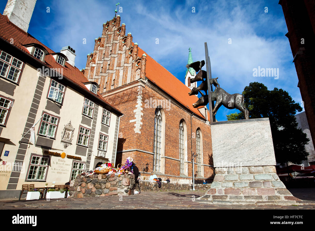 Riga, Latvia - July, 2012: Bronze statue for the Bremen Town Musicians ...