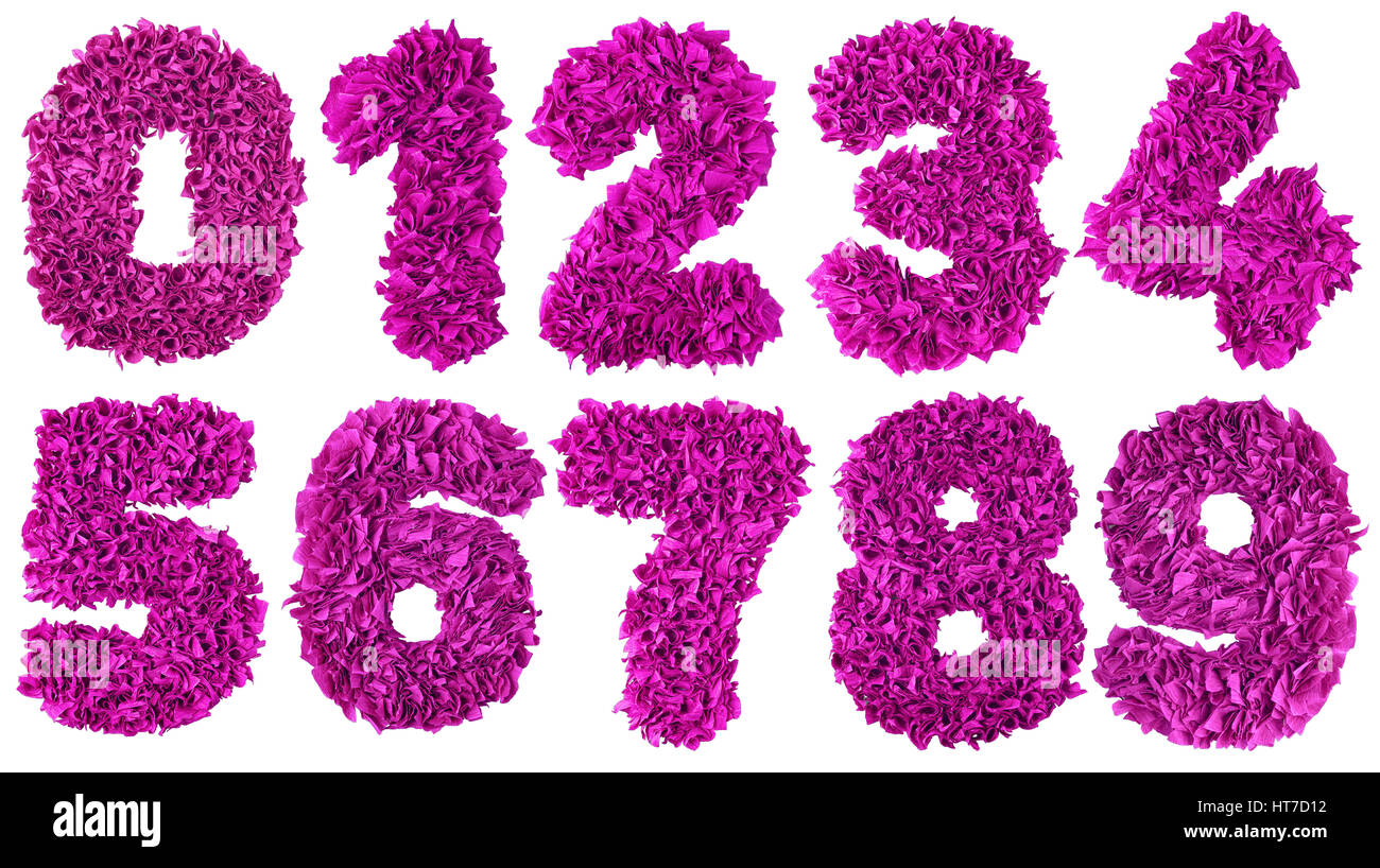 Handmade number set from magenta color crepe paper isolated on white ...