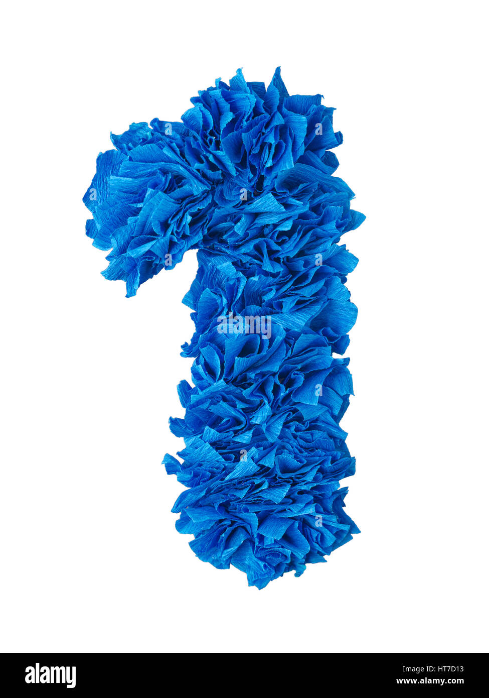 One. Handmade number 1 from blue crepe paper isolated on white ...