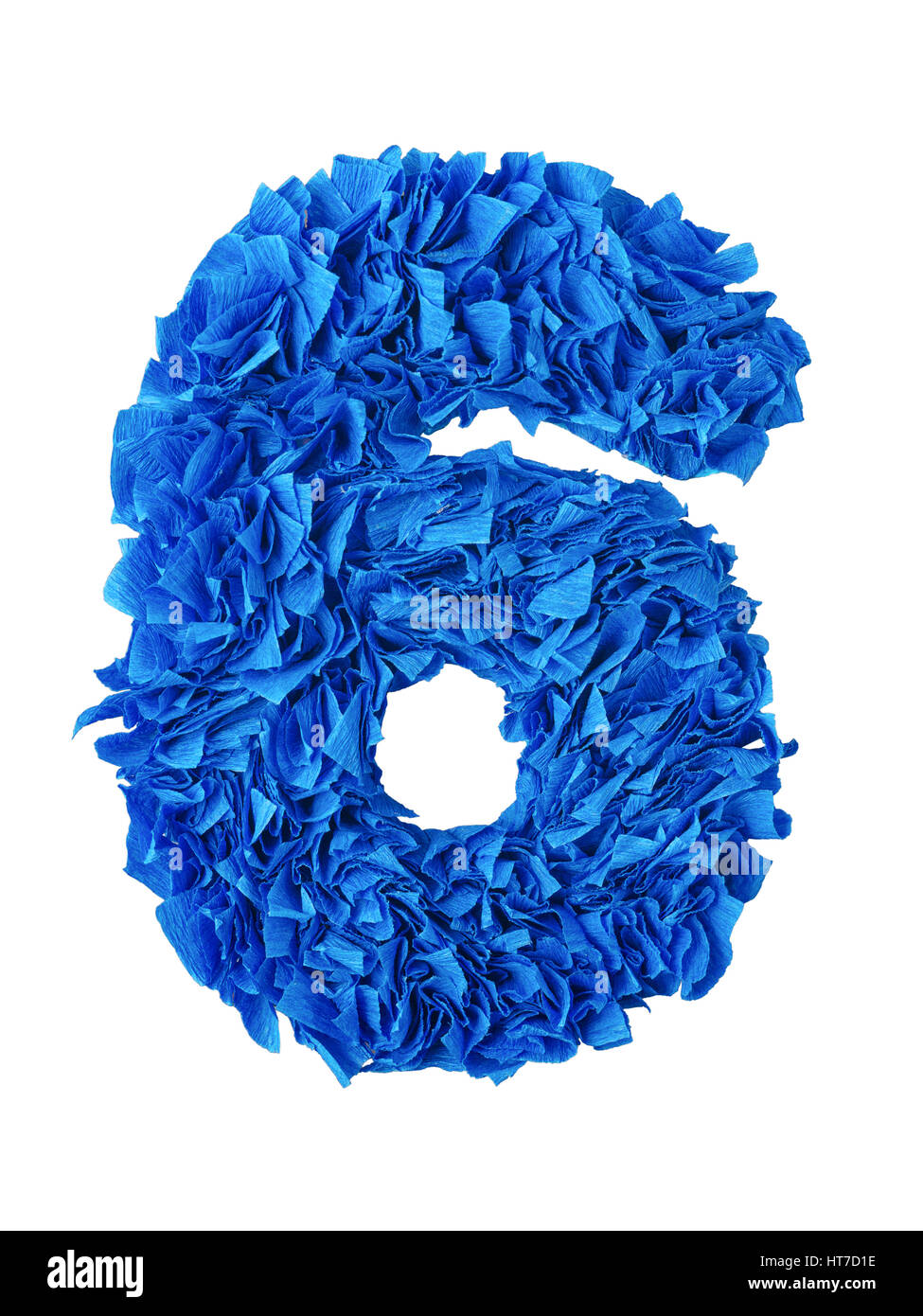 Six. Handmade number 6 from blue crepe paper isolated on white ...