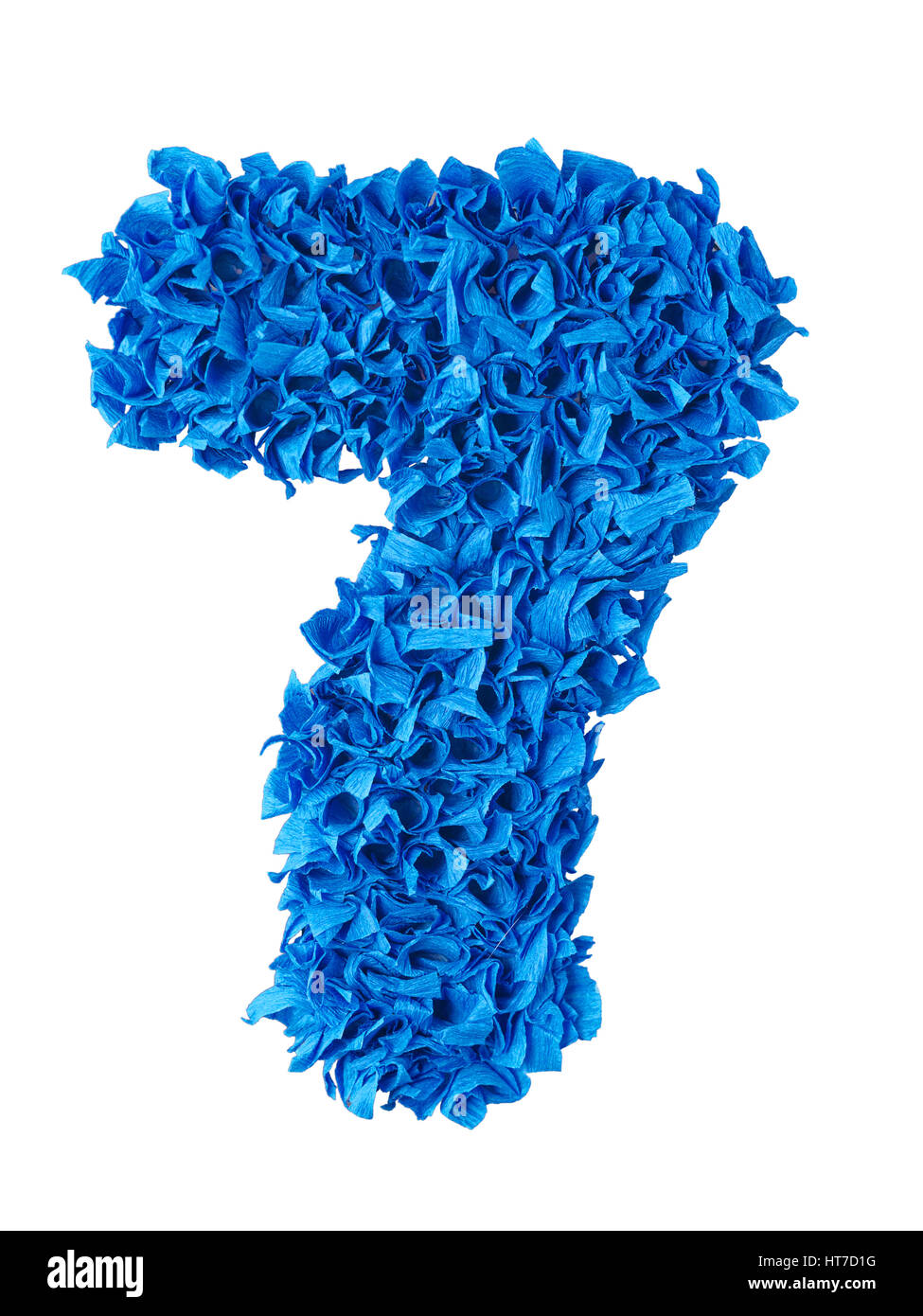 Seven. Handmade number 7 from blue crepe paper isolated on white ...