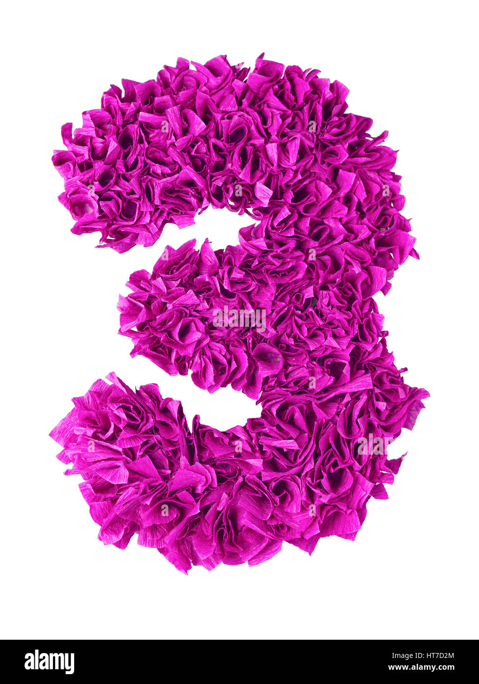 Three. Handmade number 3 from magenta color crepe paper isolated on ...