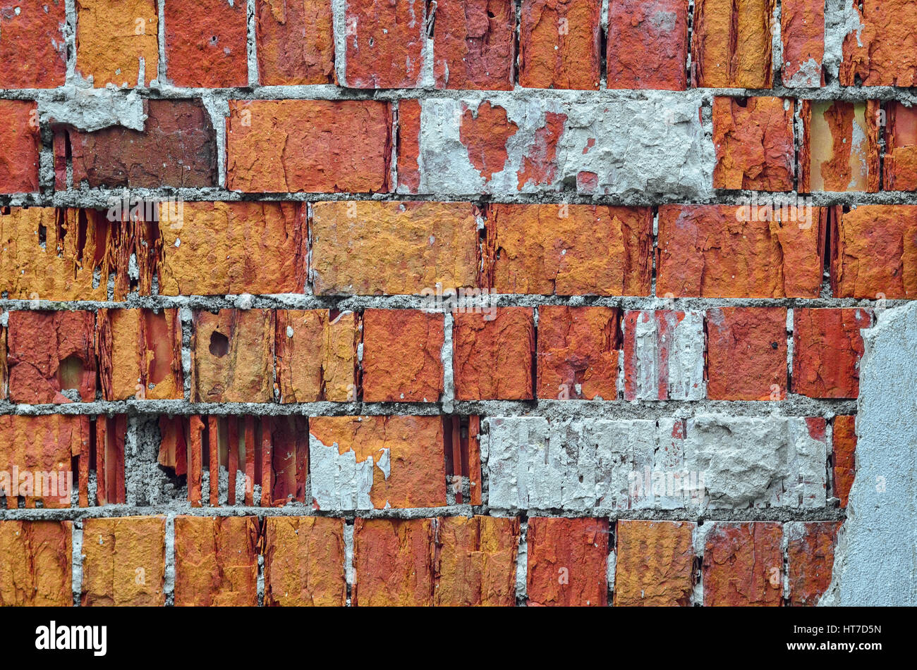 Red brick wall texture. Time dilapidated brick wall with old plaster ...