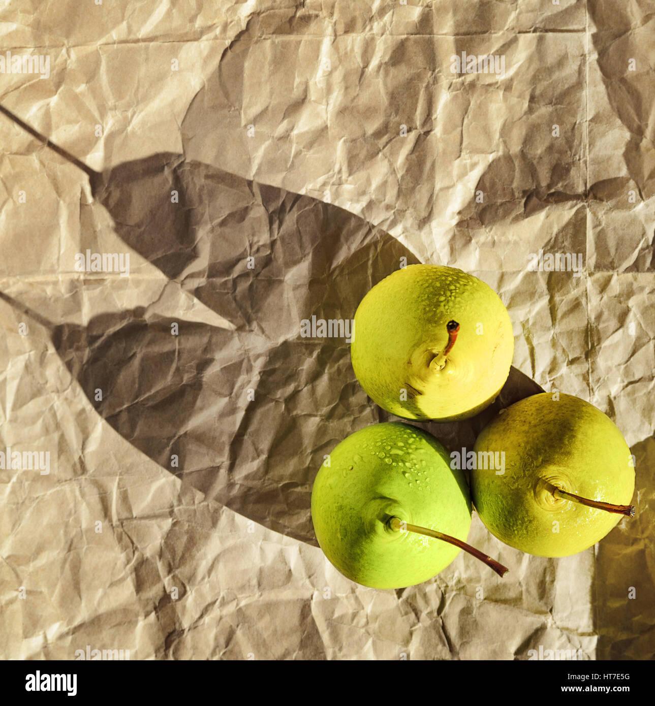 Three ripe pears on crumpled paper cast long shadows Stock Photo - Alamy