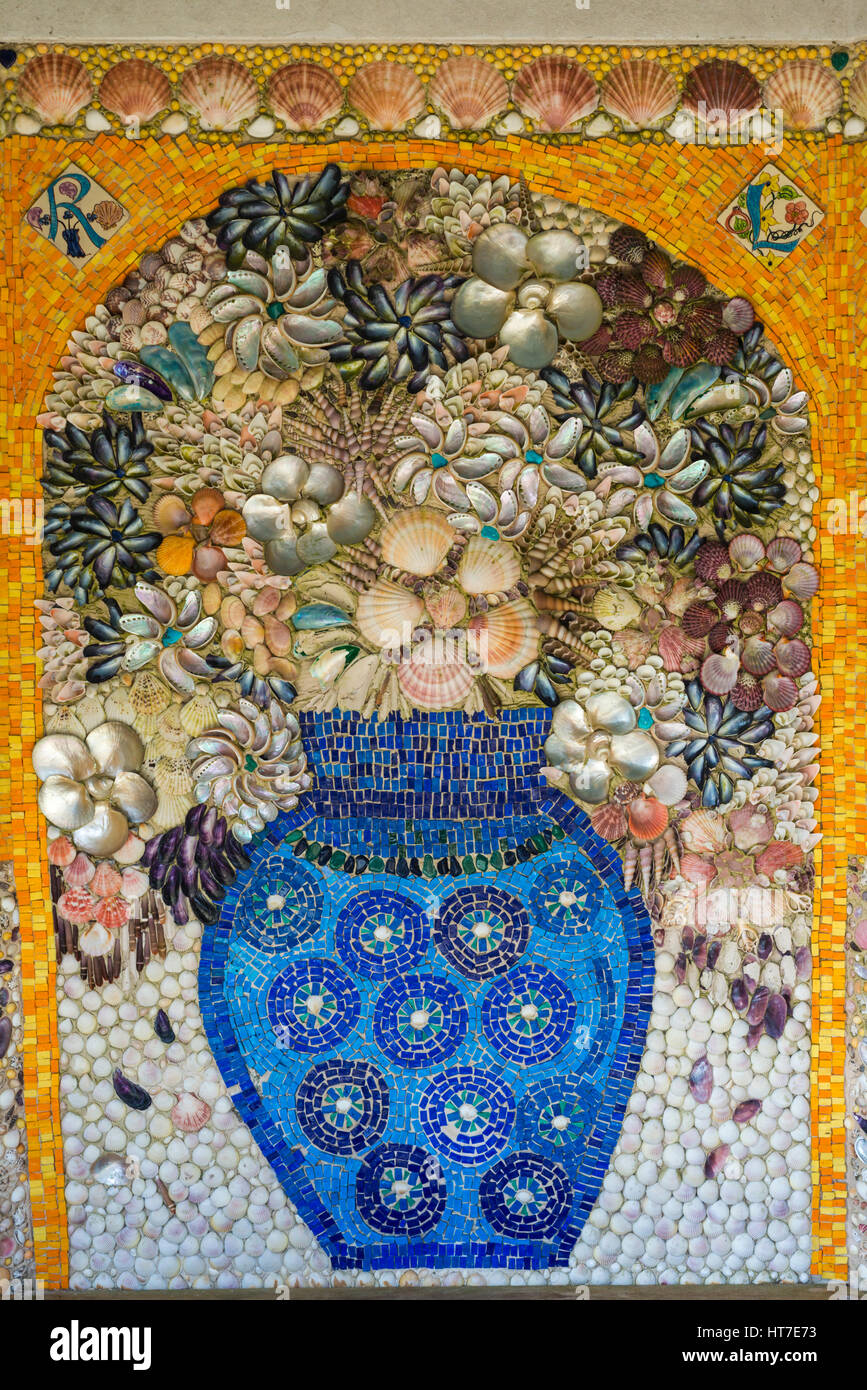 Shell mosaic arranged as flowers in vase, shell house, shell grotto at ...