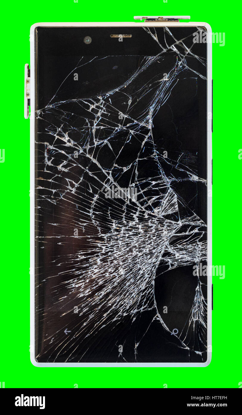 Smartphone with broken display Isolated on green chroma key background ...