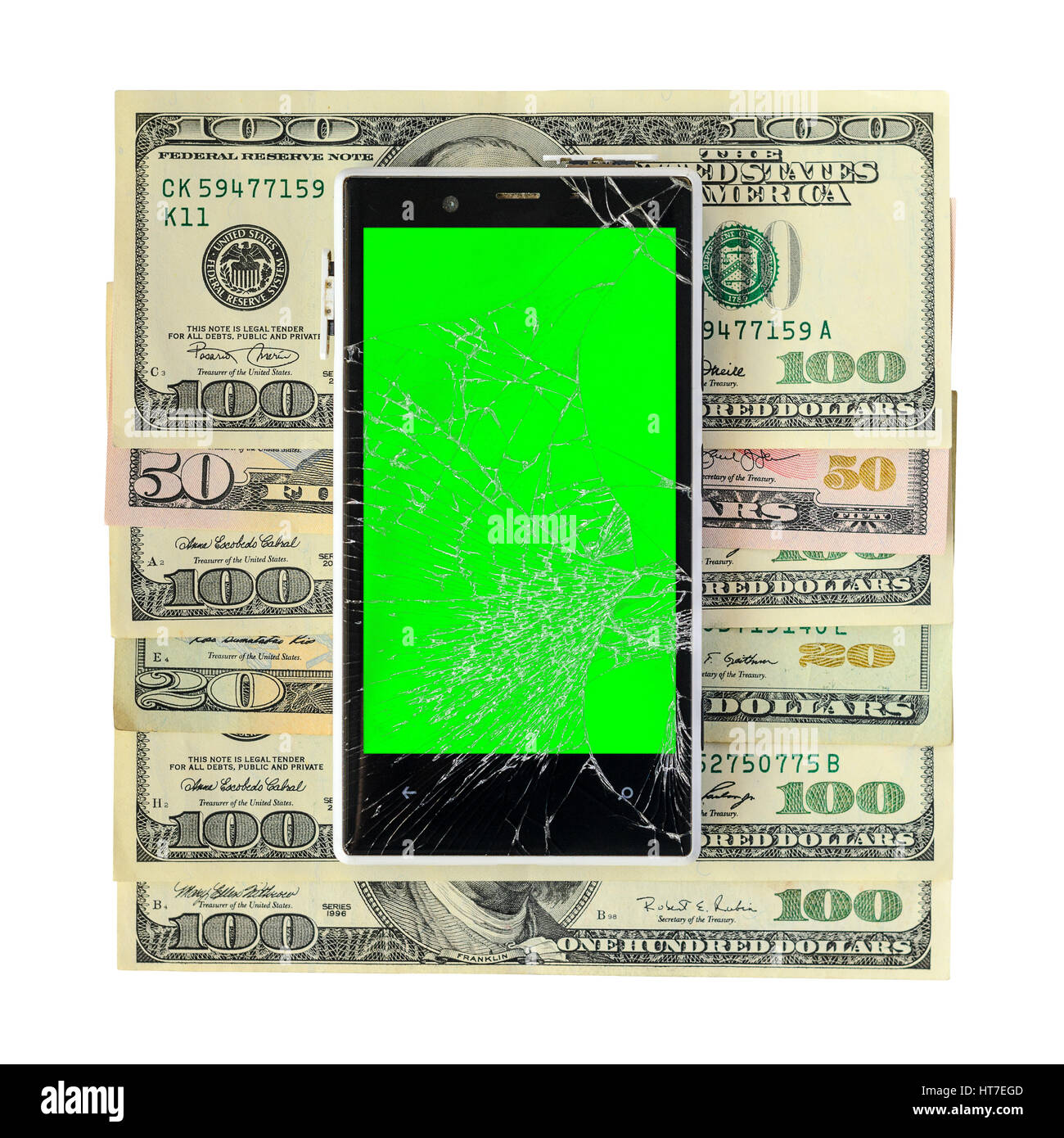 White Broken Smartphone on money banknotes isolated on white background ...