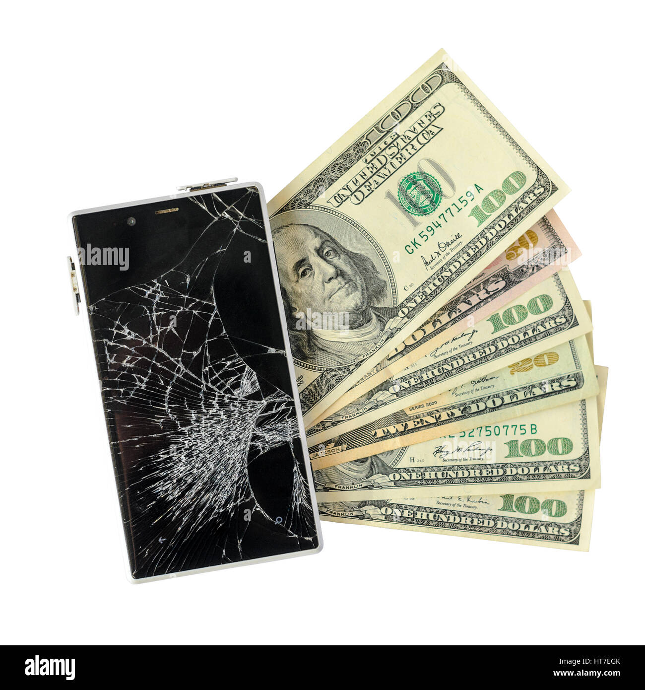 Smartphone with broken display lying on money banknotes Isolated on ...