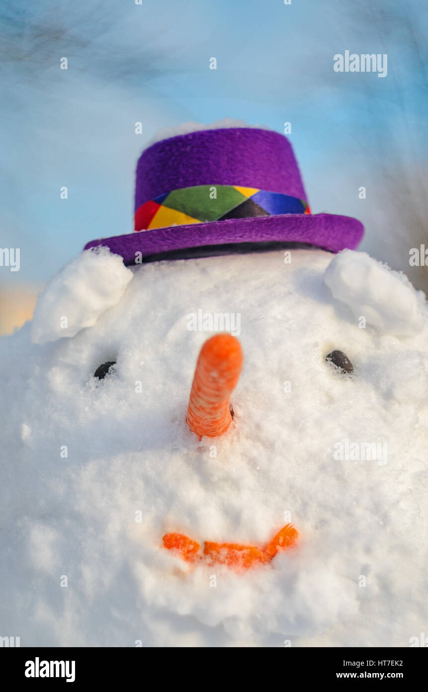 Snowman with purple hat. Facial closeup portrait Stock Photo - Alamy