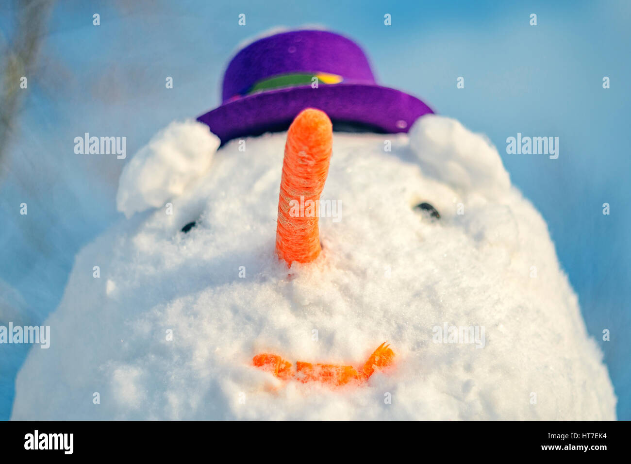Snowman with purple hat. Facial closeup portrait Stock Photo - Alamy