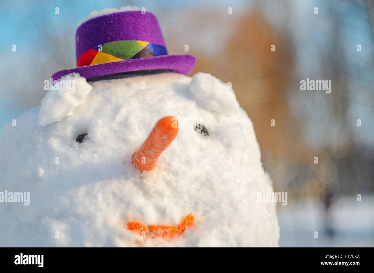 Snowman with purple hat. Facial closeup portrait Stock Photo - Alamy