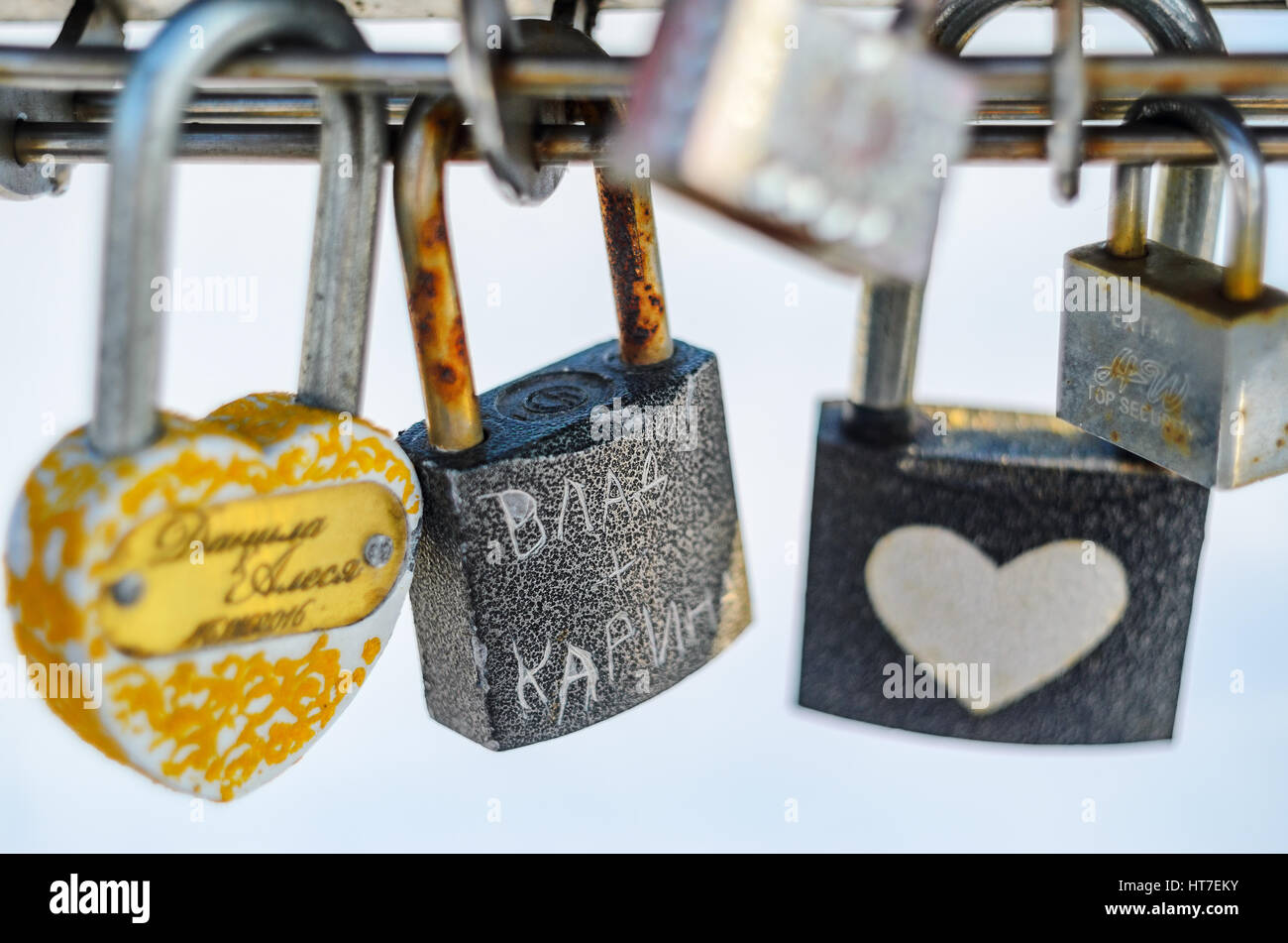 Wedding locks. Bunch of padlocks with inscriptions and ornaments Stock ...