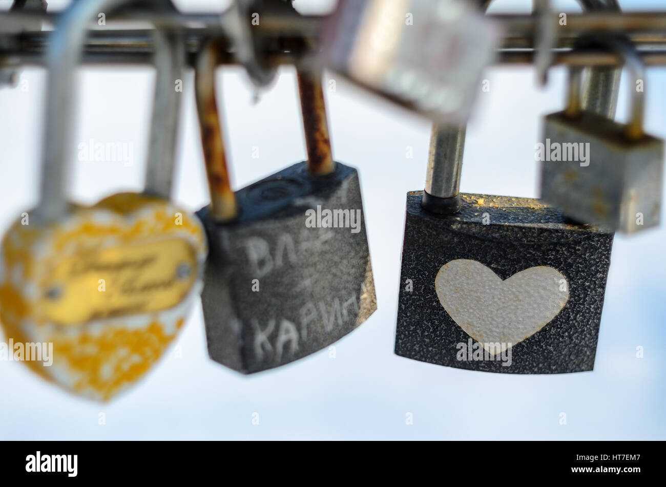 Wedding locks. Bunch of padlocks with inscriptions and ornaments Stock ...