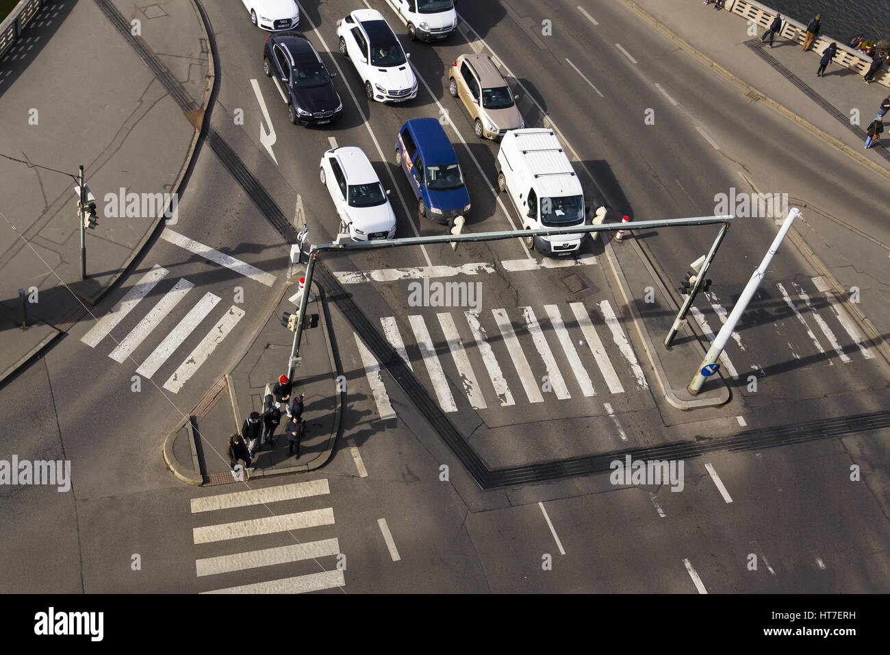 PRAGUE, CZECH REPUBLIC - MARCH 3: Bird's eye view of cars crossing ...