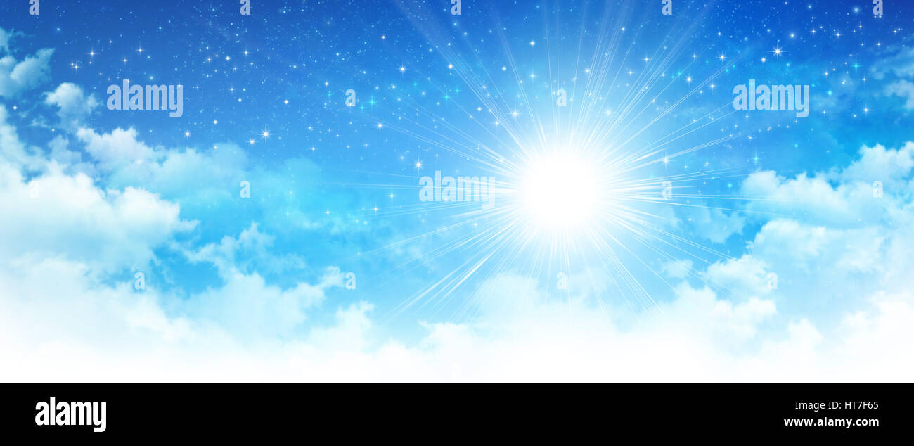 Early morning blue sky, shining sun breaking through white clouds, deep ...