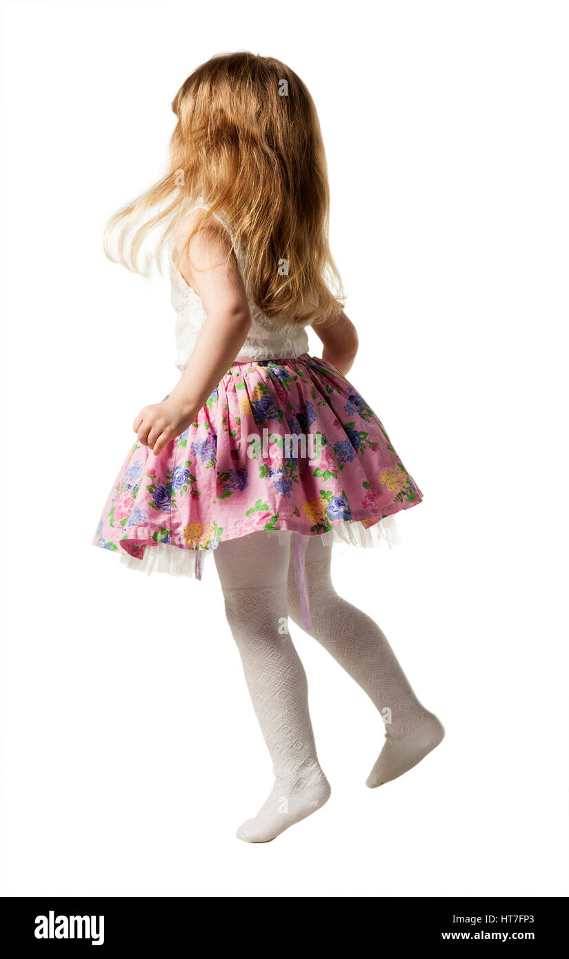 Little cute girl jumping, running, dancing, having fun. Isolated on ...