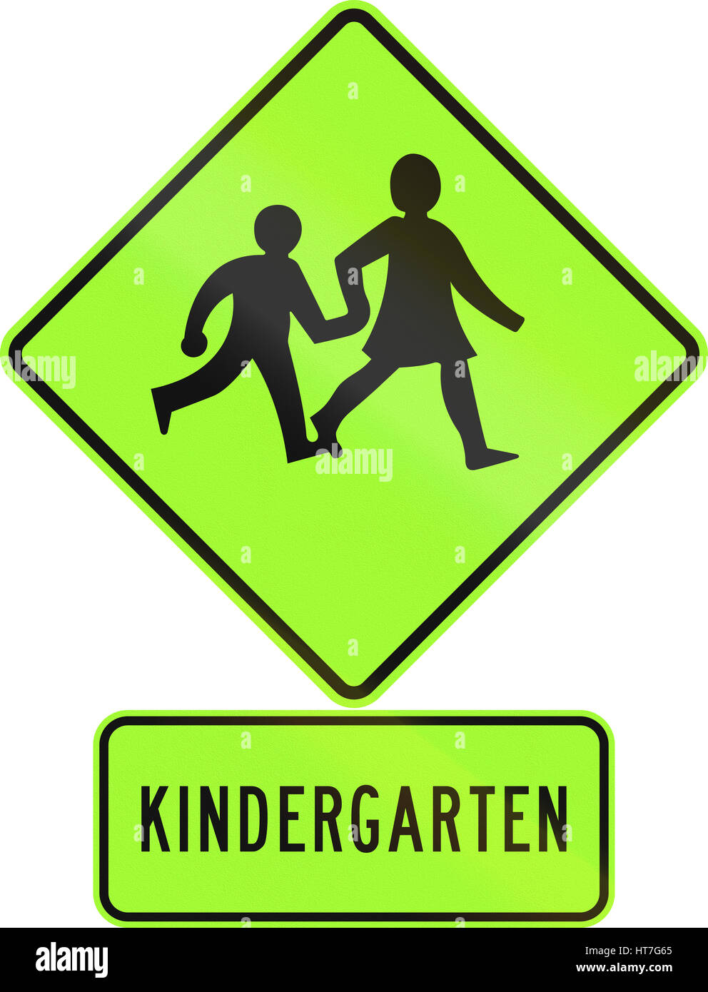 Road sign assembly in New Zealand - Kindergarten children, fluorescent ...