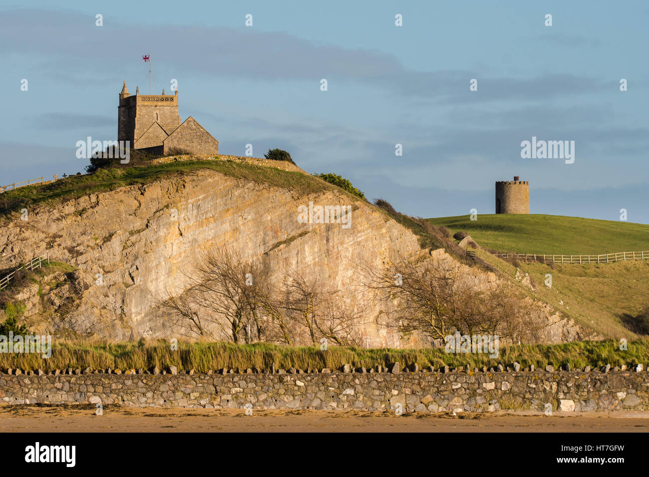 Old Church of Saint Nicholas, Uphill, Somerset, UK. Church and tower on ...