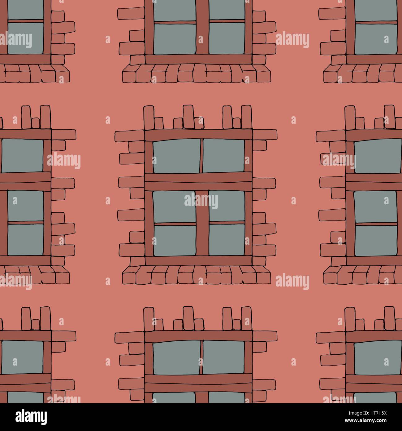Seamless pattern depicting a hand drawn wall of a house with windows ...