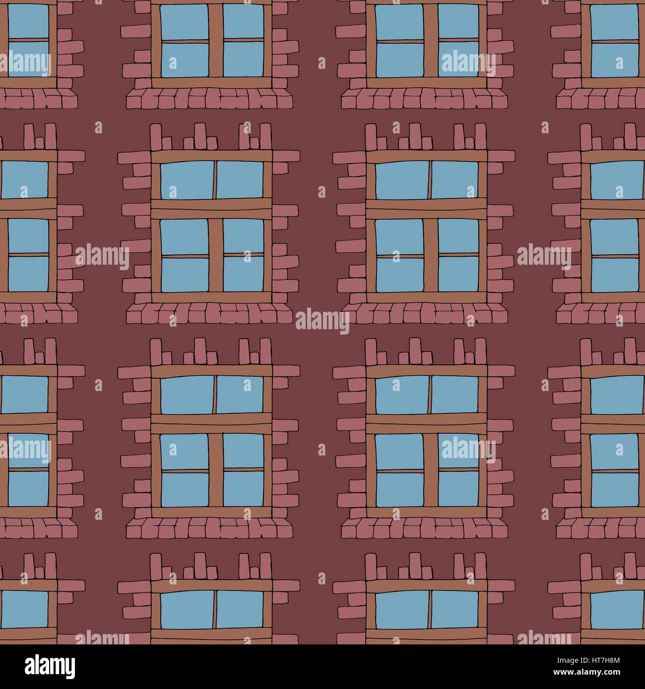 Seamless pattern depicting a hand drawn wall of a house with windows ...