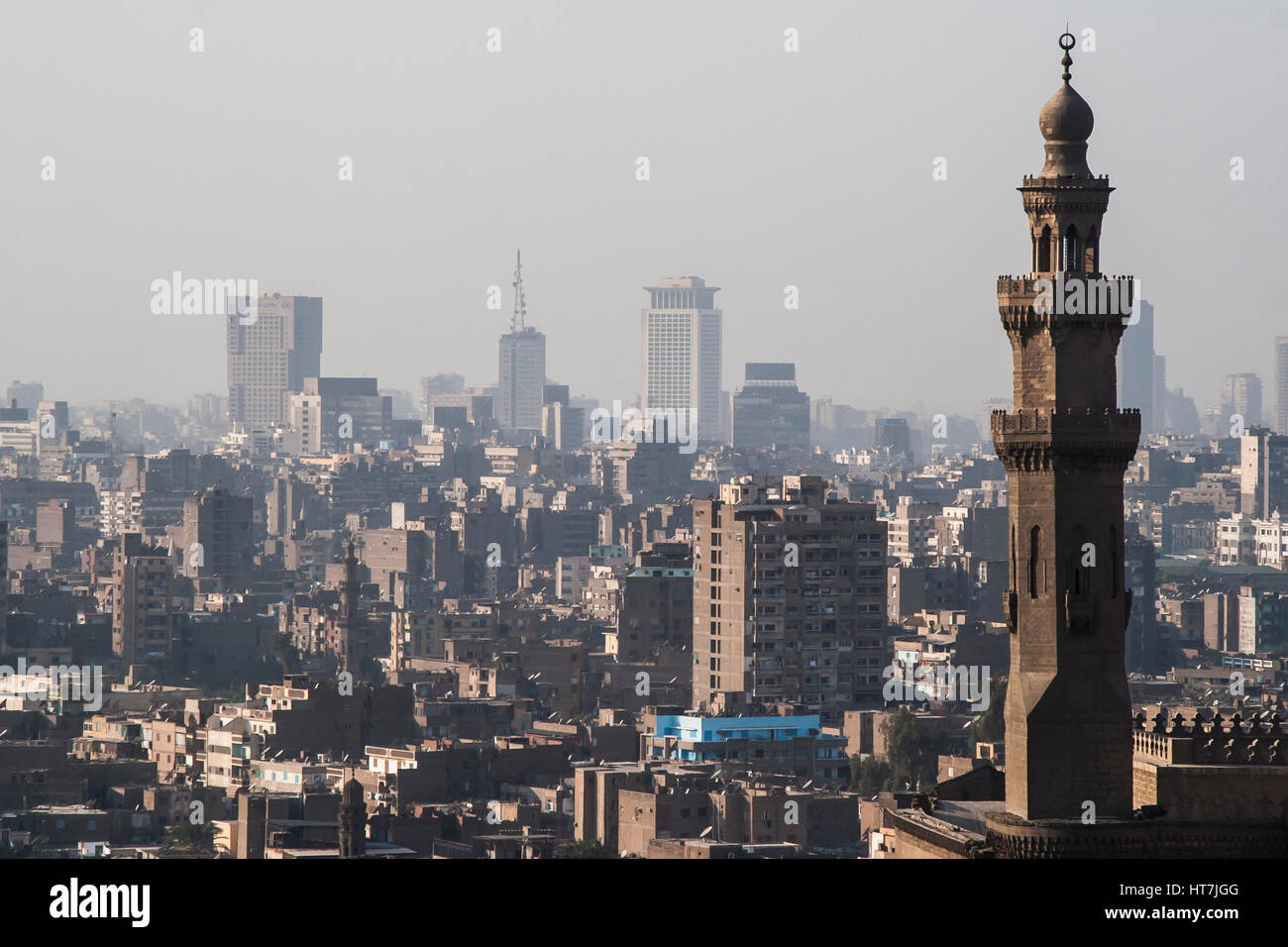 Mosque In The Foreground And City Skyline With Minaret, Cairo, Egypt ...