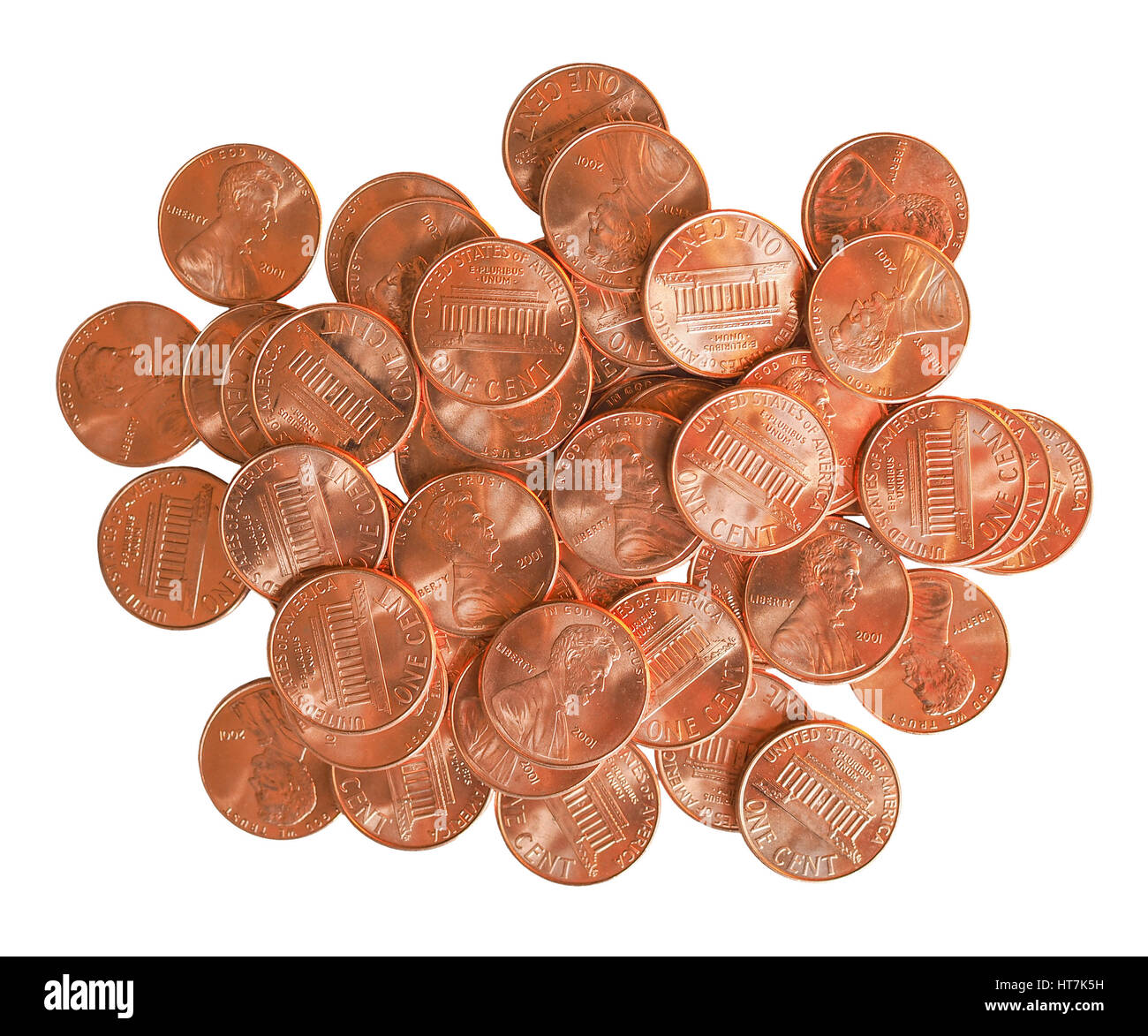 Dollar coins 1 cent currency of the United States isolated over white ...