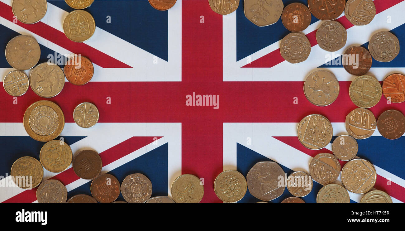 Pound coins money (GBP), currency of United Kingdom, over the Union ...