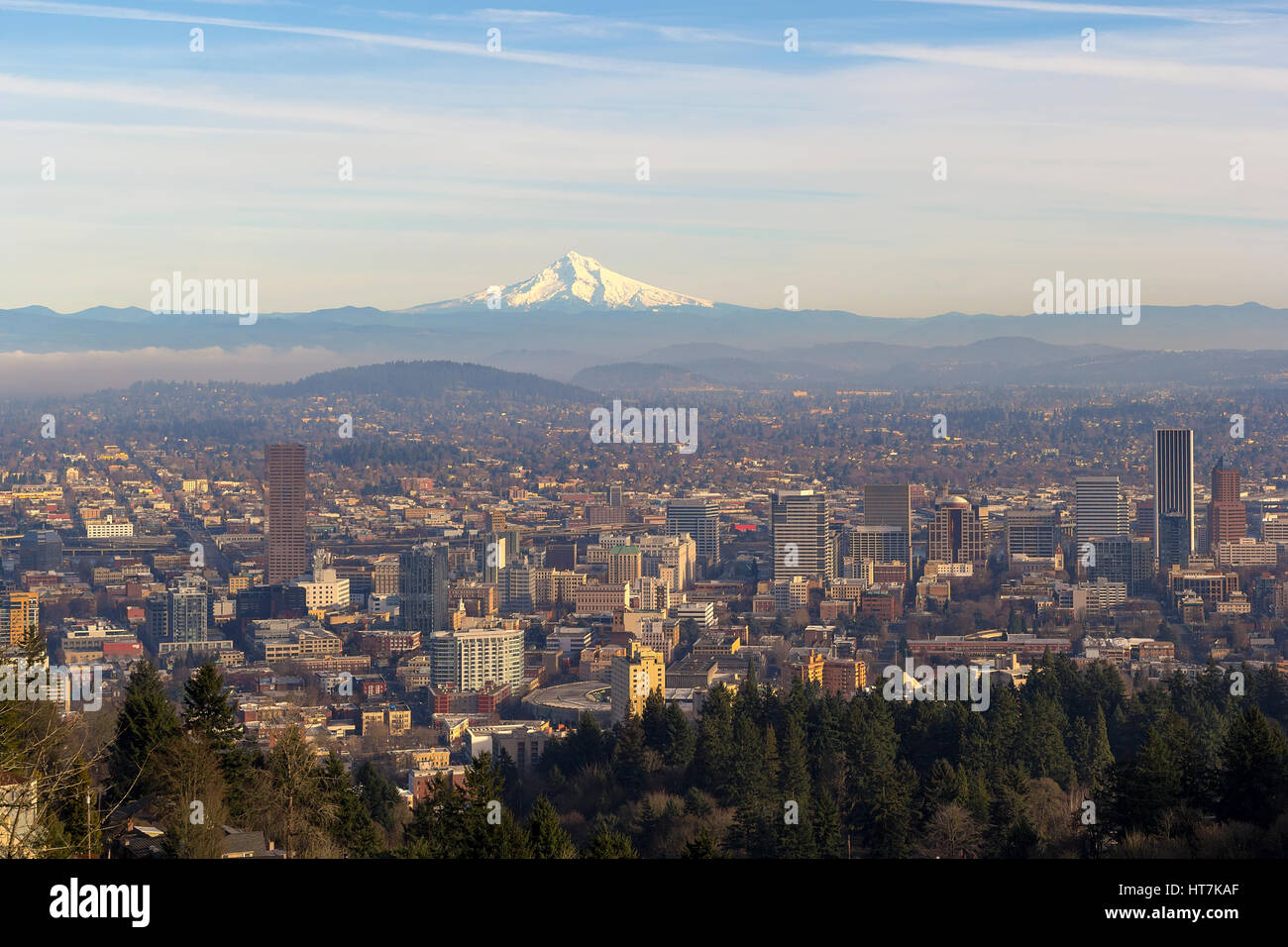 Mount Hood view with City of Portland Oregon downtown cityscape daytime ...