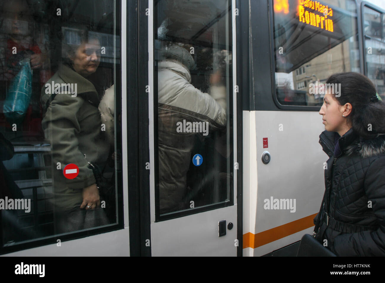 Bucharest, Romania, November 17, 2009: People in a crowded tram at a ...