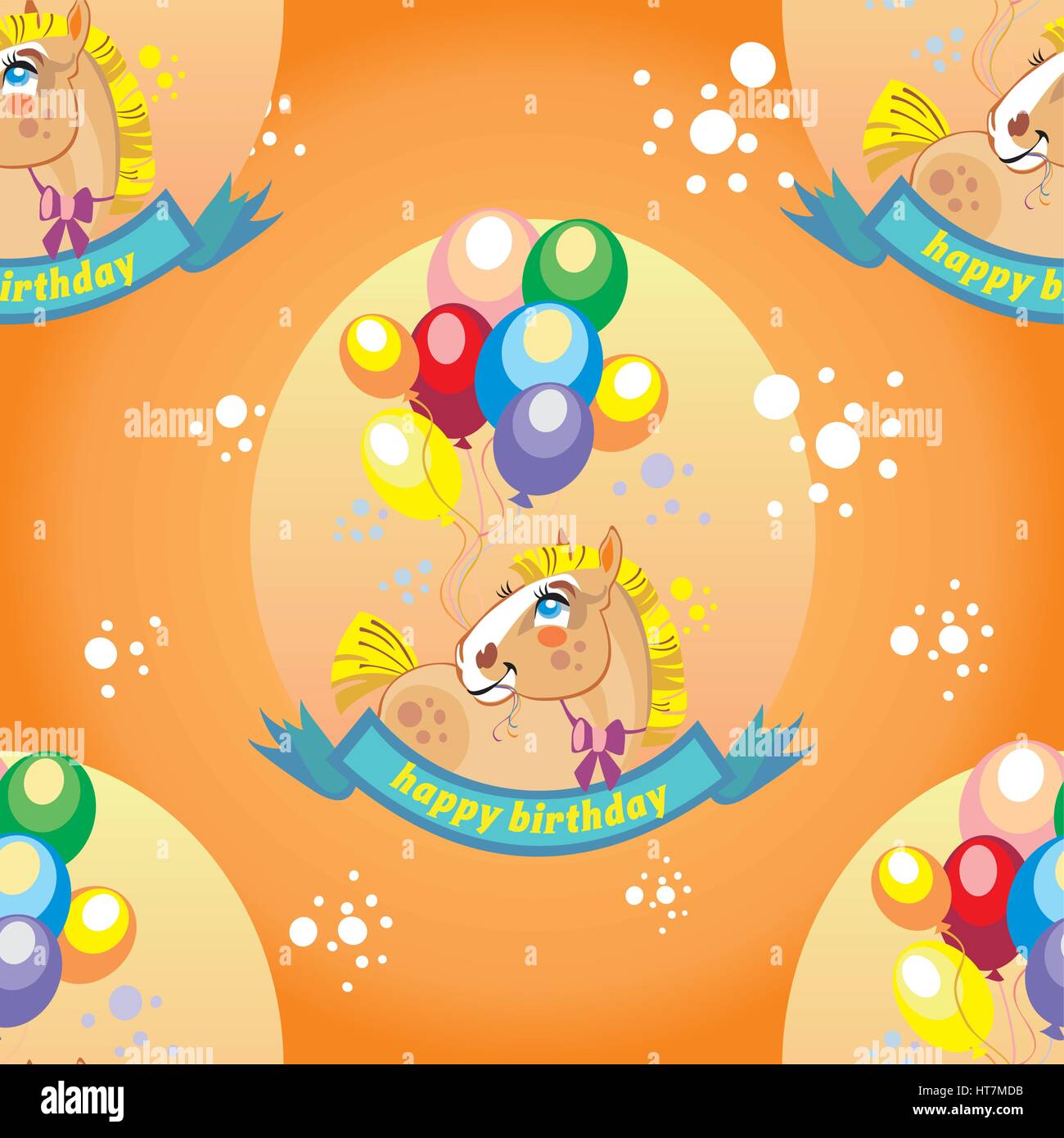 Seamless vector pattern with pony and colorful balloons on orange ...
