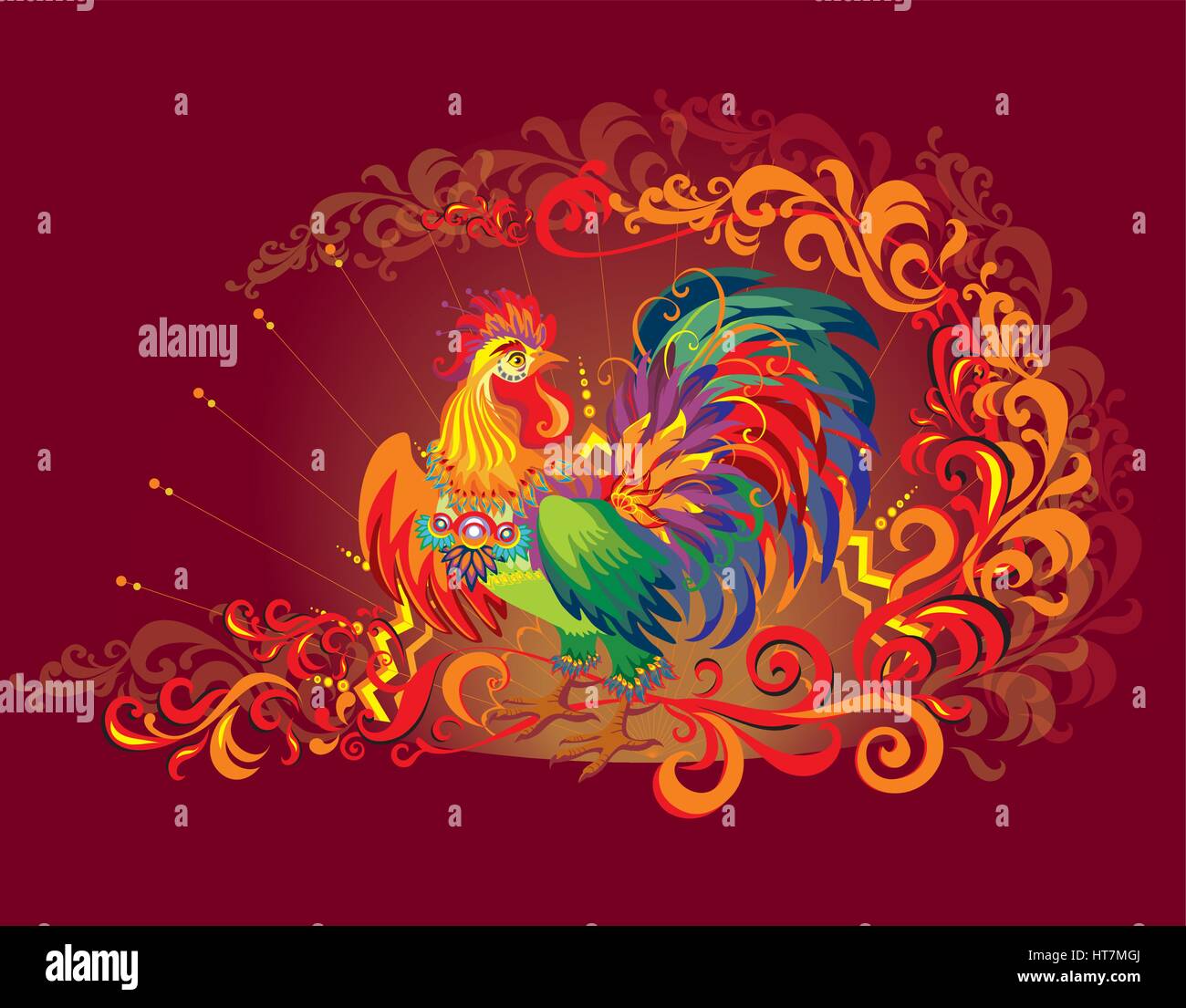 Vector hand drawn image of a fire rooster, the symbol of New year 2017 ...