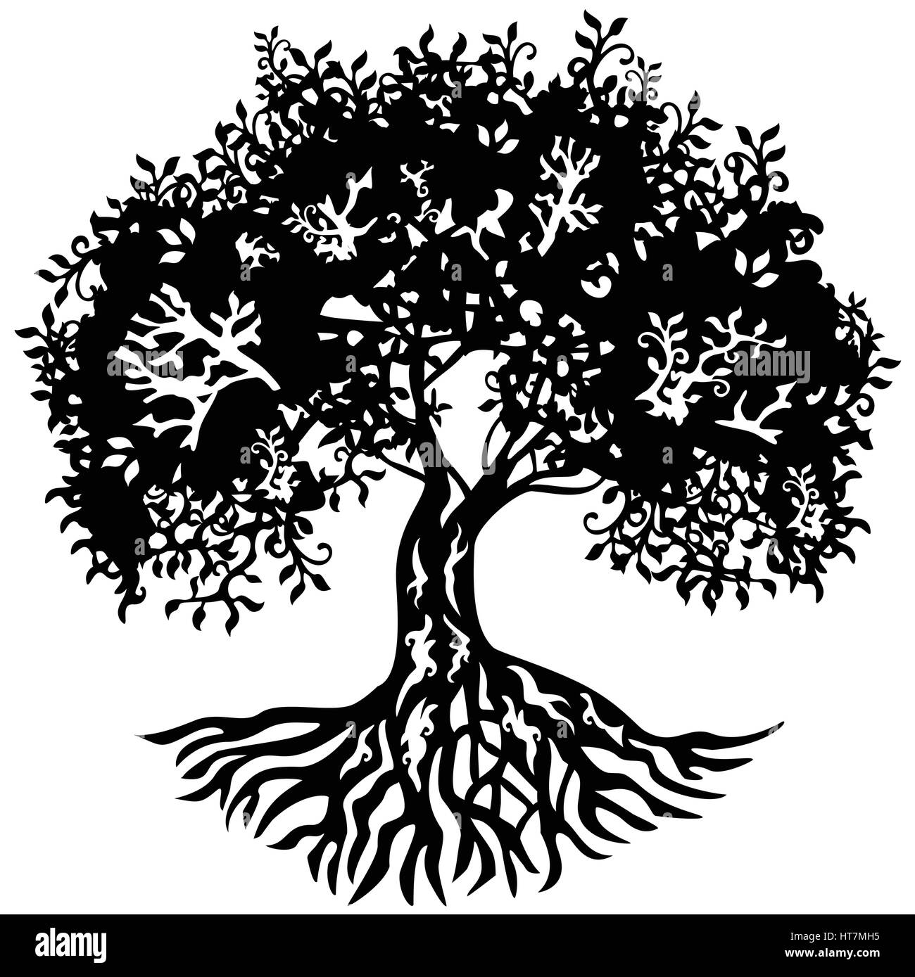 Black tree silhouette isolated on white background. Decorative element ...