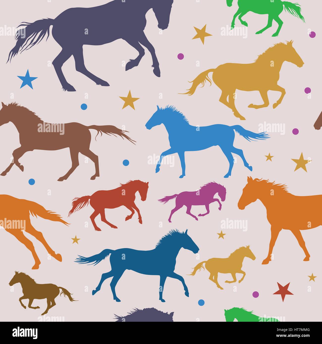 Vector Seamless Pattern with colorful running horses on grey background ...