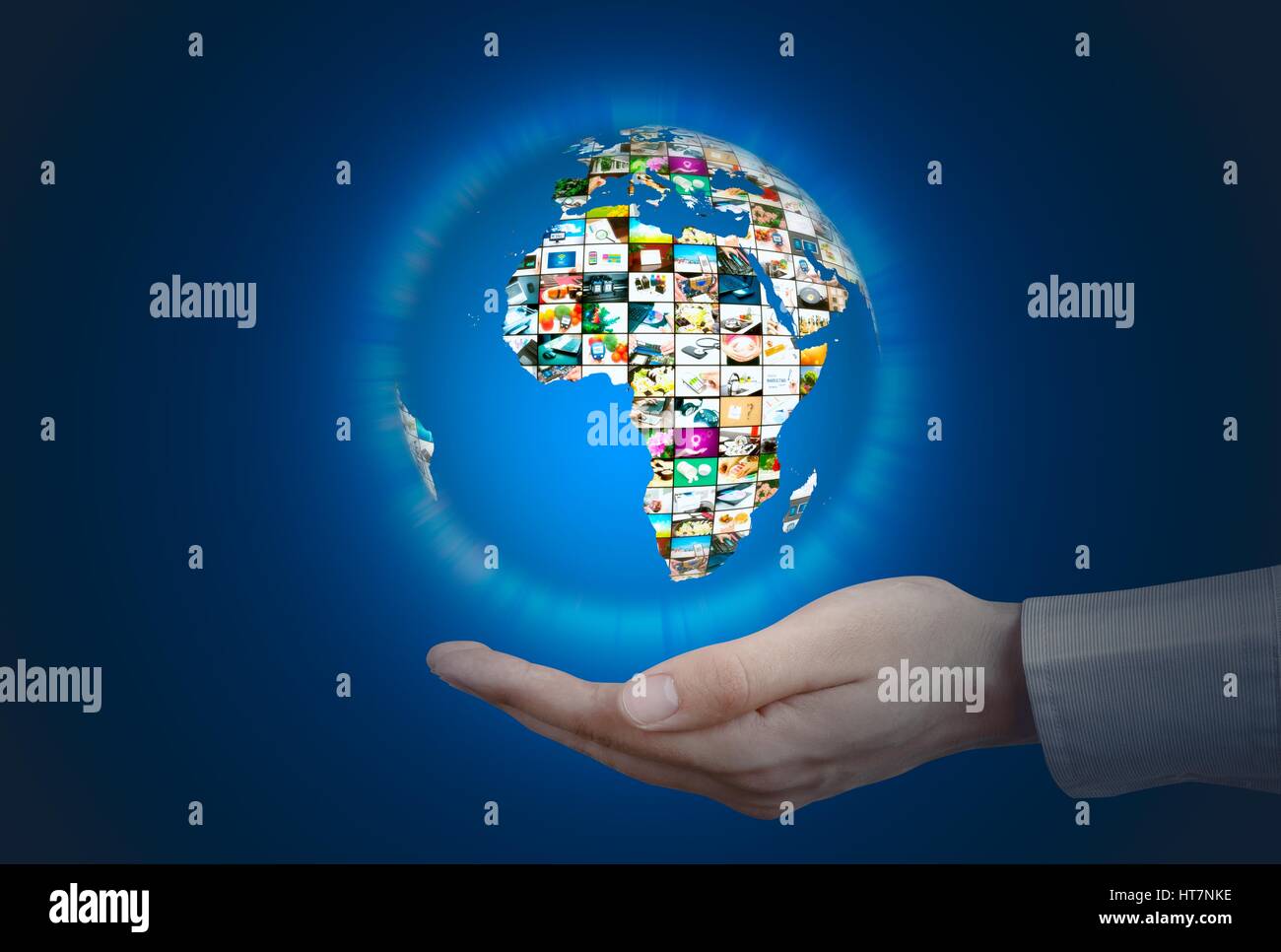 Television broadcast multimedia sphere. World globe on hand abstract ...