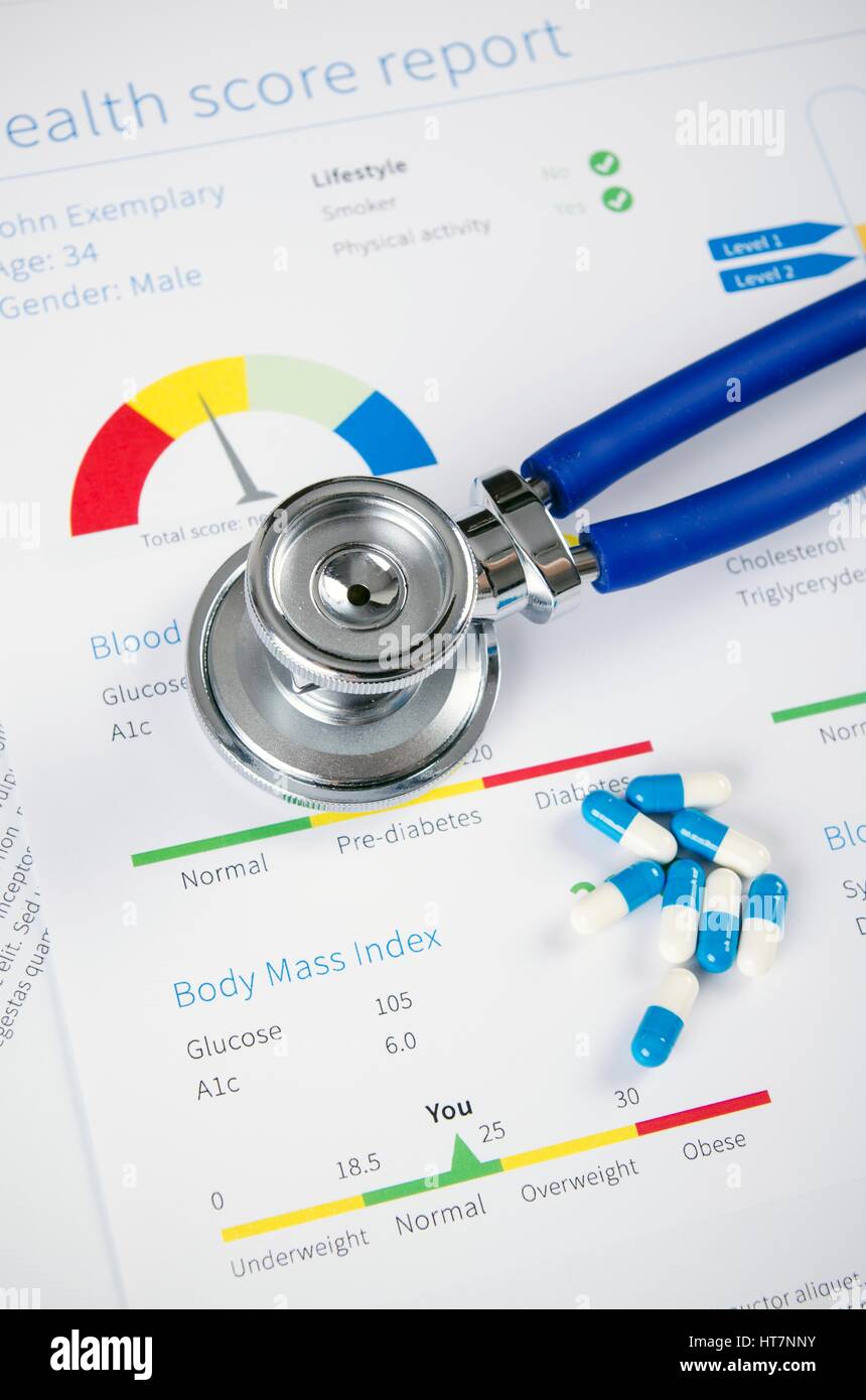 Health condition score report. Stethoscope on medical background Stock ...