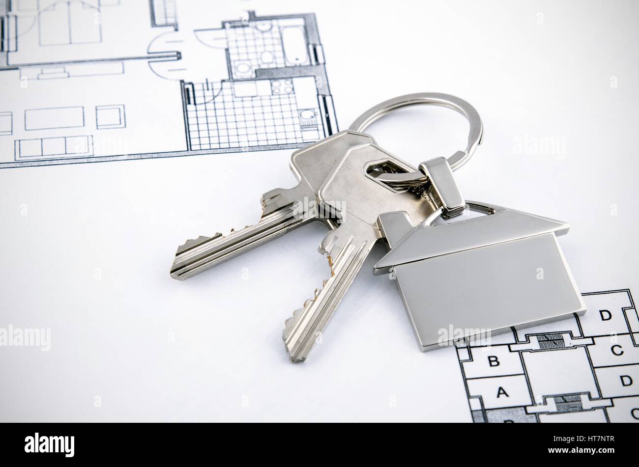 Keys and house chrome pendant on home project Stock Photo - Alamy