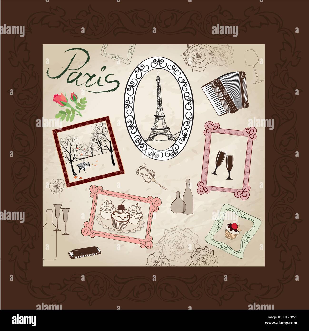 Paris city landmark Eiffel Tower and handwritten lettering PARIS frame ...