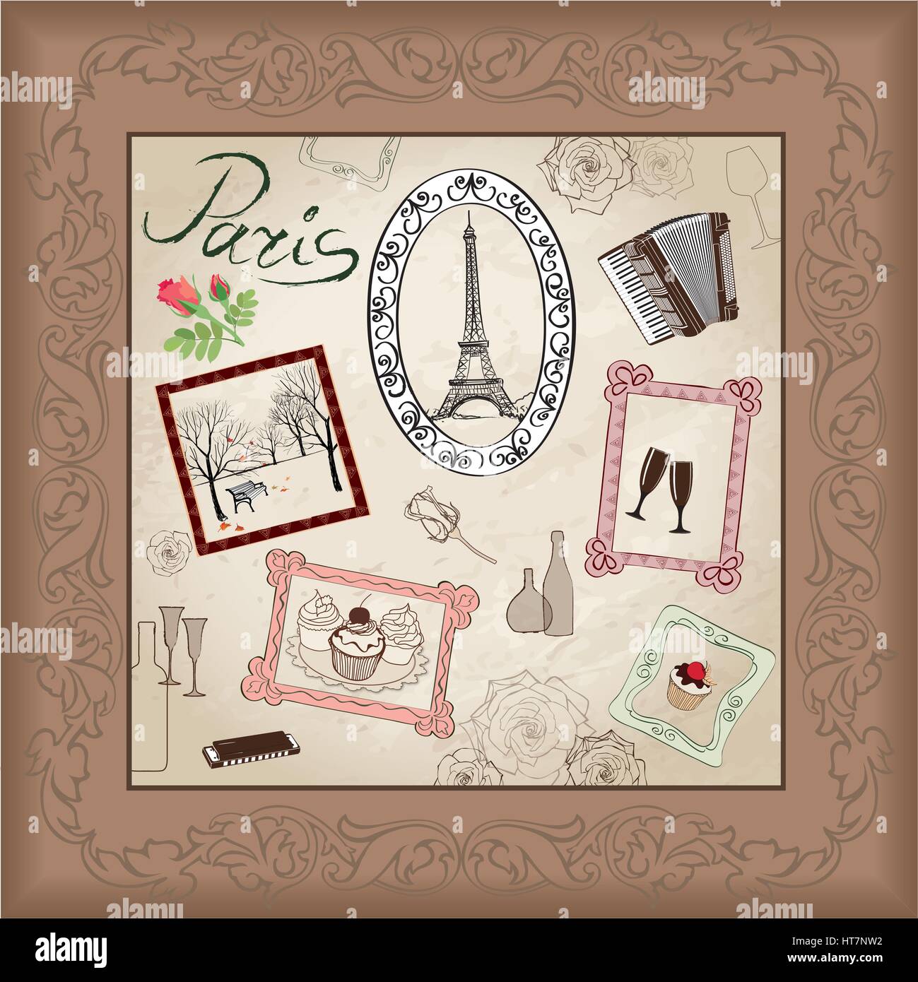 Paris city landmark Eiffel Tower and handwritten lettering PARIS frame ...