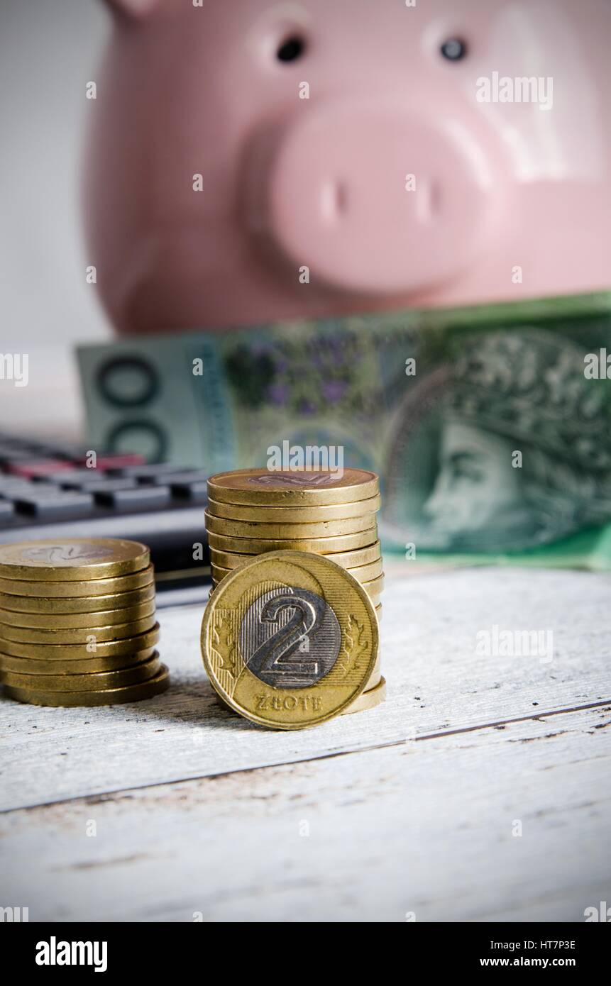 Polish coins and piggy bank. Business concept of counting savings Stock ...