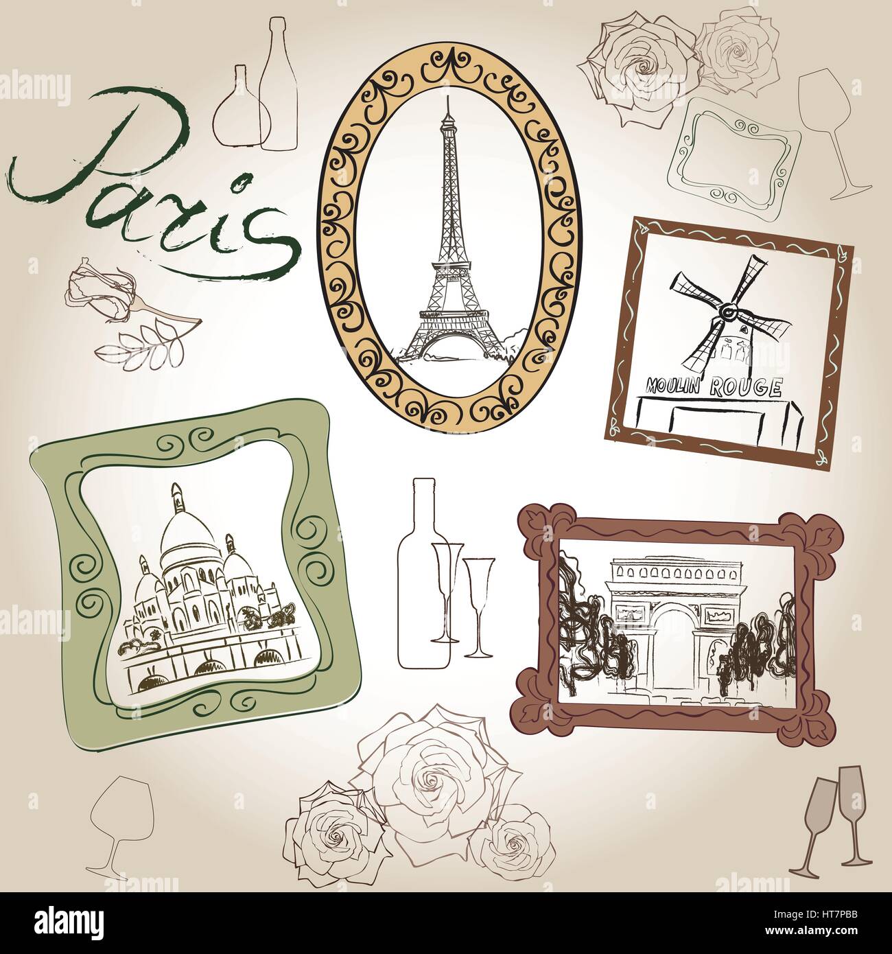 Paris city landmark Eiffel Tower and handwritten lettering PARIS ...