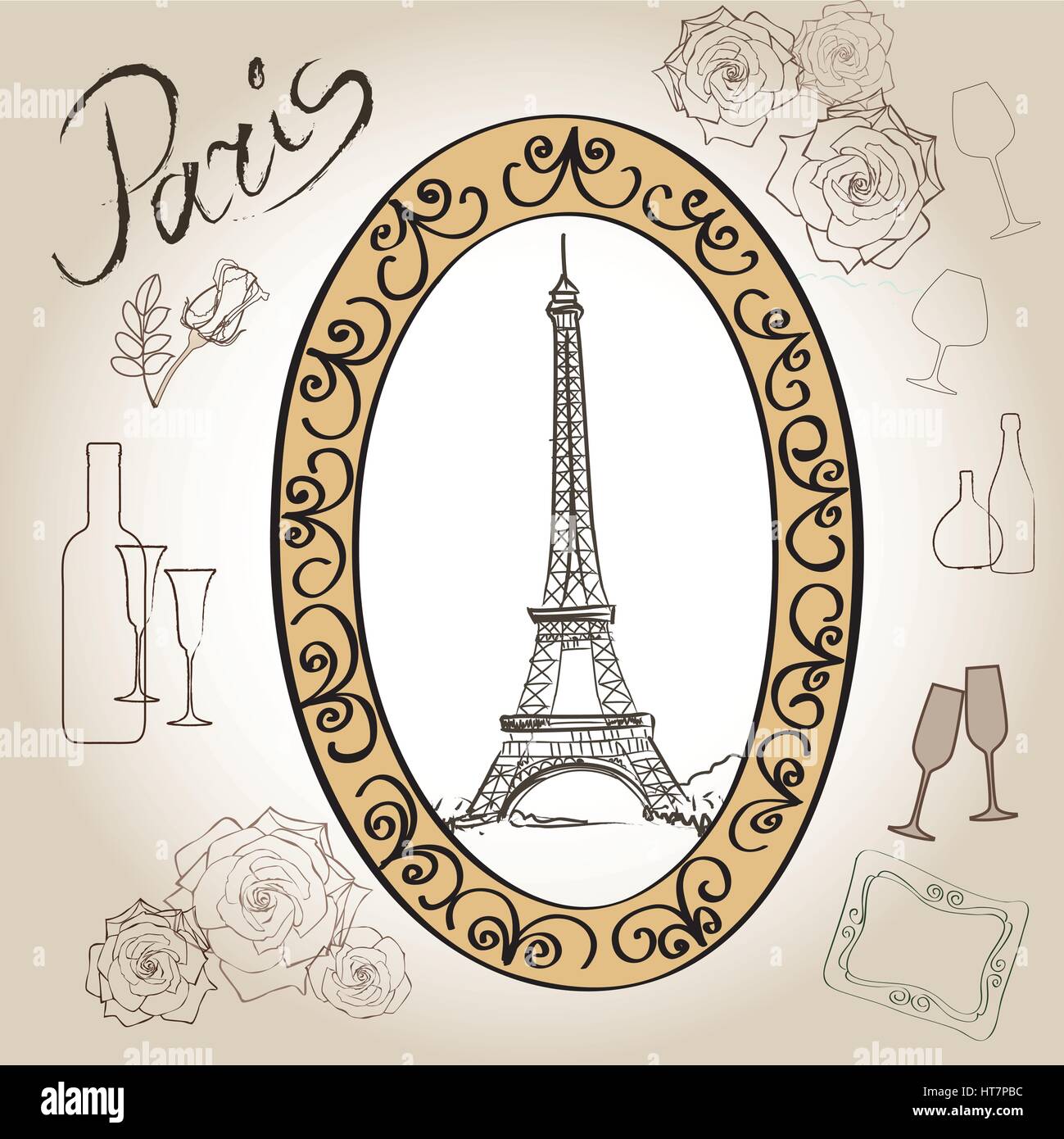 Paris city landmark Eiffel Tower. Travel France sign. Famous place set ...