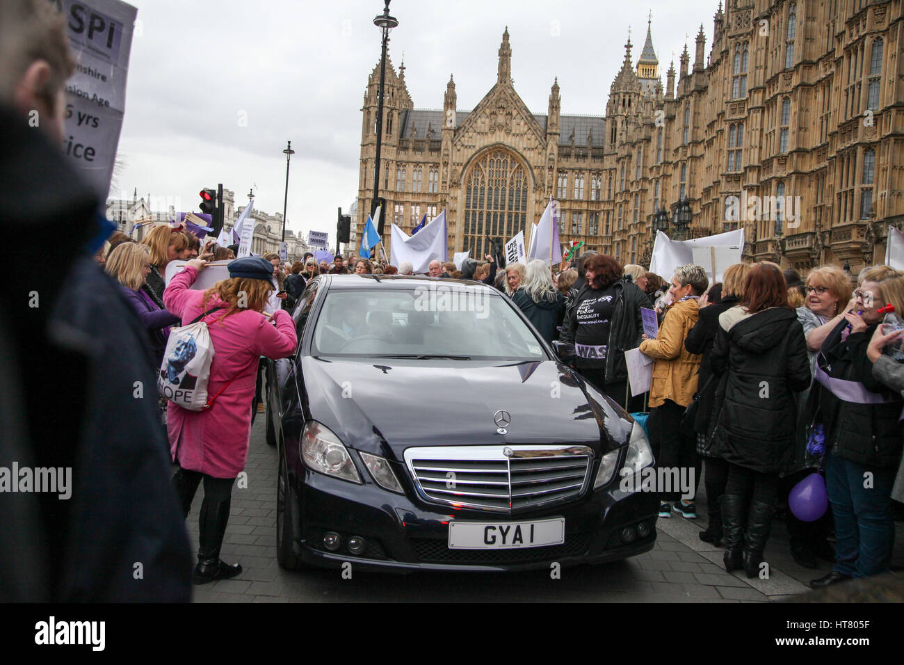 London, UK. 8th March 2017. Protesters block cars entering the ...