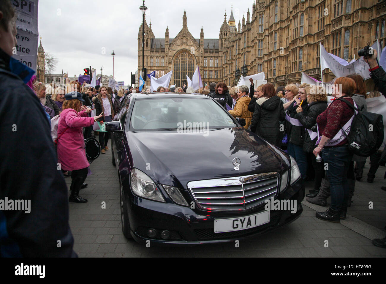 London, UK. 8th March 2017. Protesters block cars entering the ...