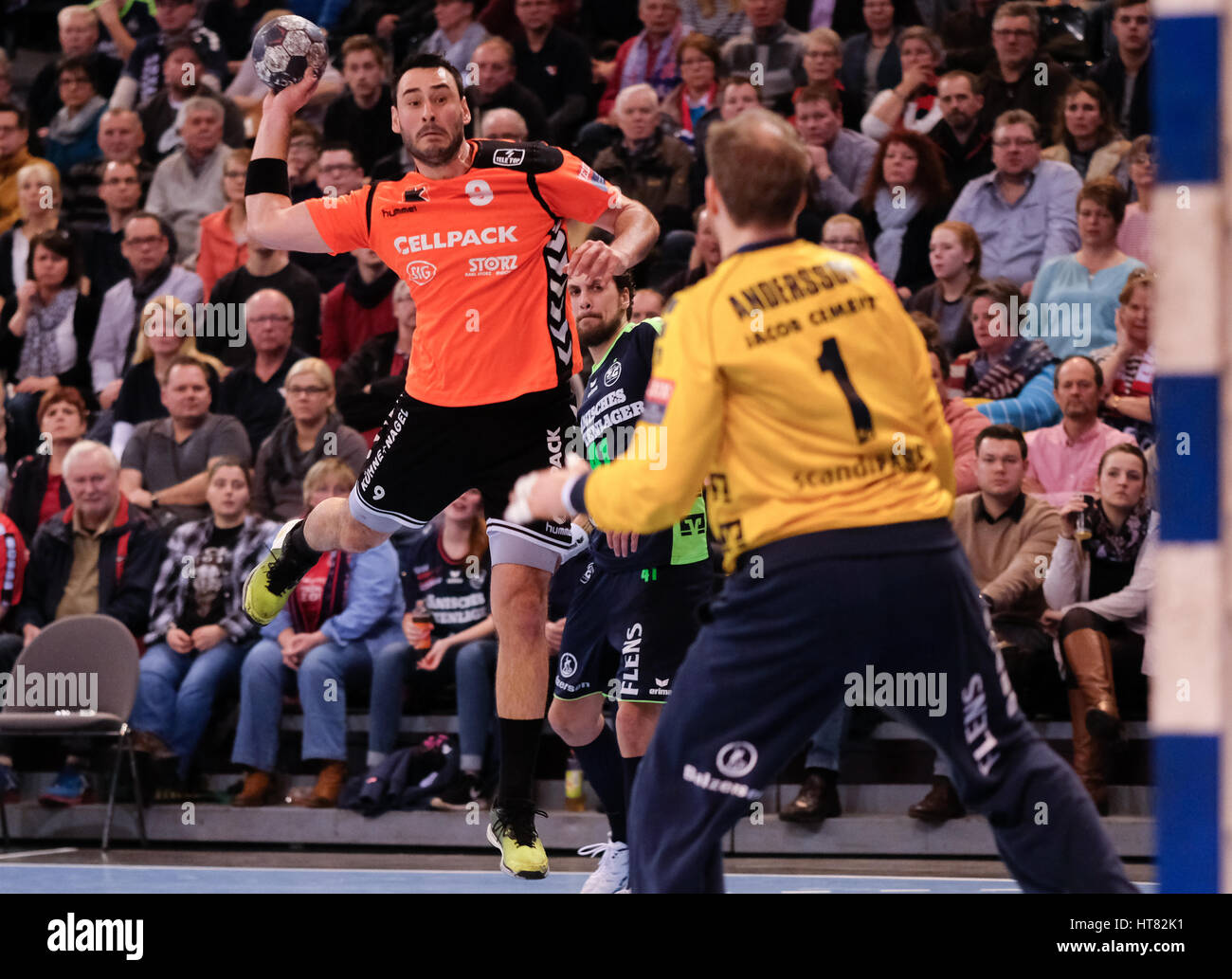Flensburg, Germany. 08th Mar, 2017. Schaffhausen's Andrija Pendic (l ...