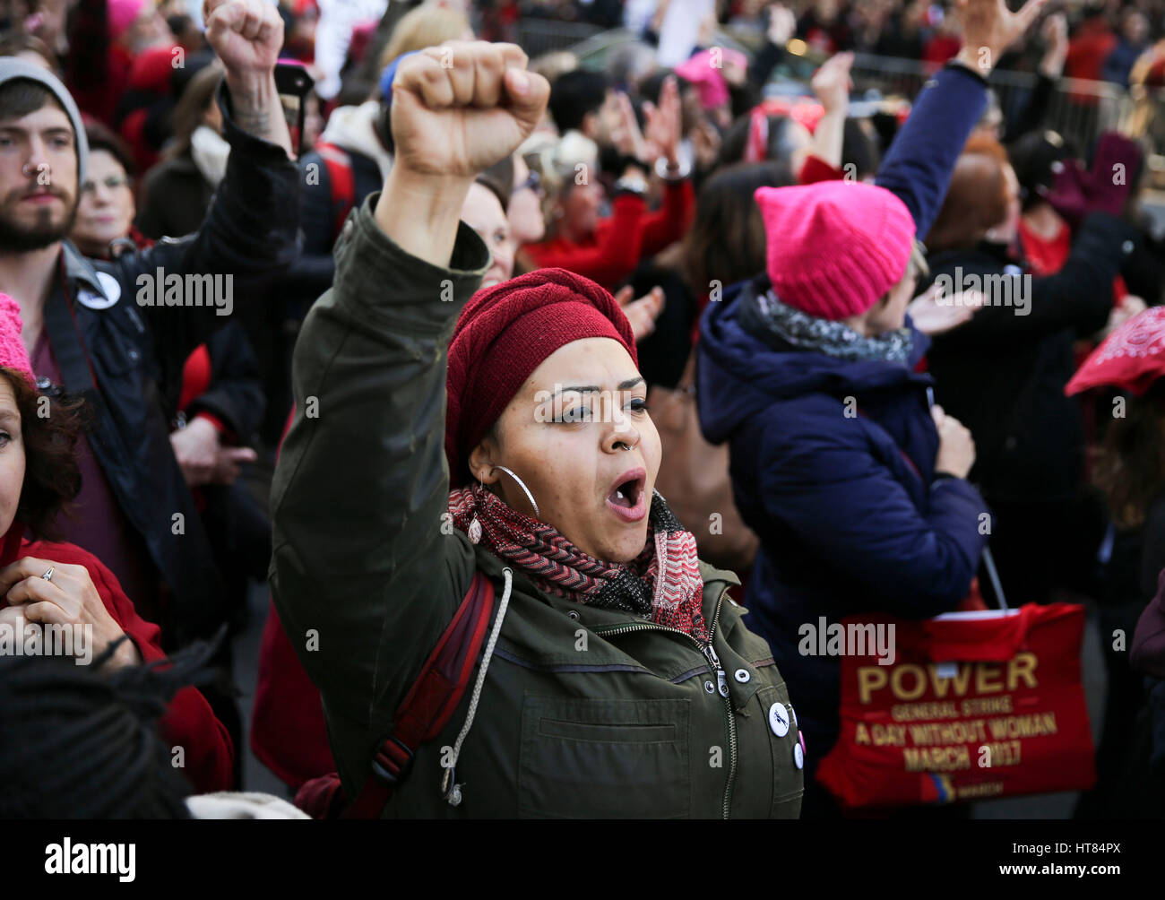 New York, USA. 8th Mar, 2017. Participants attend the "Day Without a ...