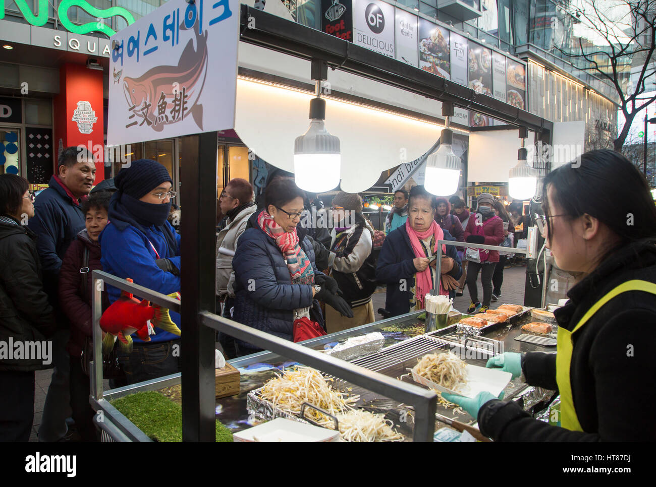 Myeongdong Shopping Street, Mar 7, 2017 : Local street food on ...