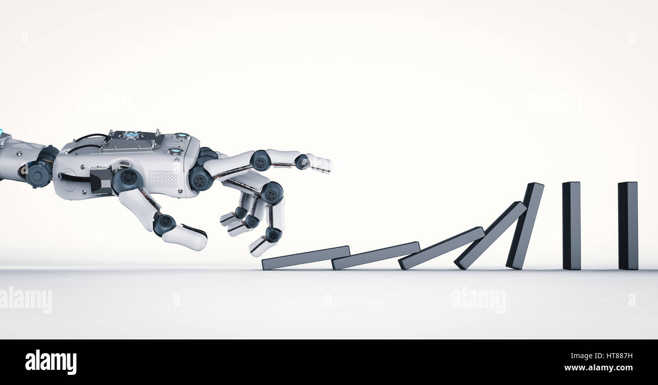 3d rendering robotic hand collapse dominoes Stock Photo - Alamy