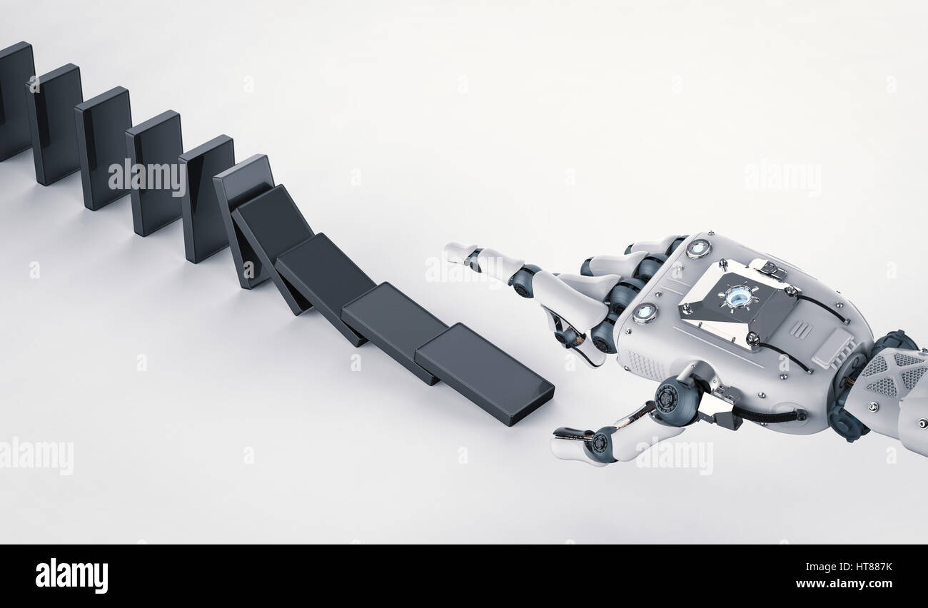 3d rendering robotic hand collapse dominoes Stock Photo - Alamy
